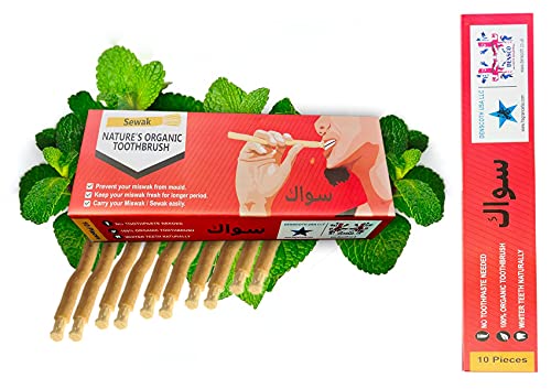 SEWAK Miswak Sticks for Teeth Natural Toothbrush | مسواك | Siwak Organic Wooden Tooth Brush Oral Teeth Whitener with Holder | Vacuum Sealed (10 Pack)