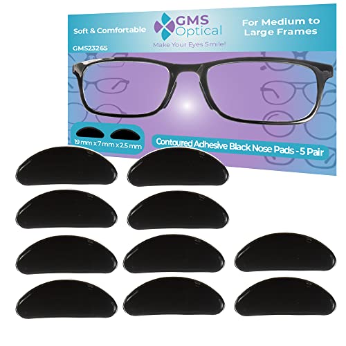 GMS OpticalĀ® 2.5mm Anti-Slip Adhesive Contoured Soft Silicone Nose Pads with Super Sticky Backing for Glasses, Sunglasses, and Eye Wear - 5 Pair (Black)