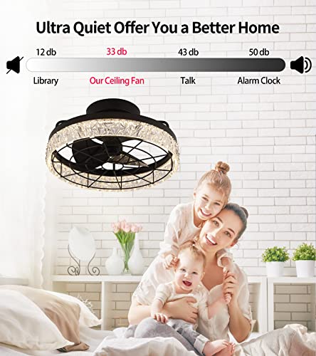 Q&S Modern Ceiling Fan with Lights,Low Profile Enclose Black Cage Semi Flush Mount Crystal Ceiling Fans with Remote 6 Speeds 3 Colors Dimmable LED Light Fixture for Bedroom Living Room Gym 18.9"