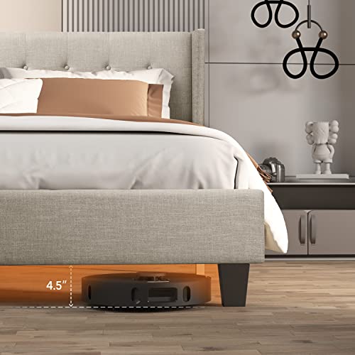BONSOIR Bed Frame Upholstered Traditional Low Profile Platform with Wing Back Headboard/No Box Spring Needed/No Bed Skirt Needed/Linen Fabric Upholstery/Sand (Sand, King Size)
