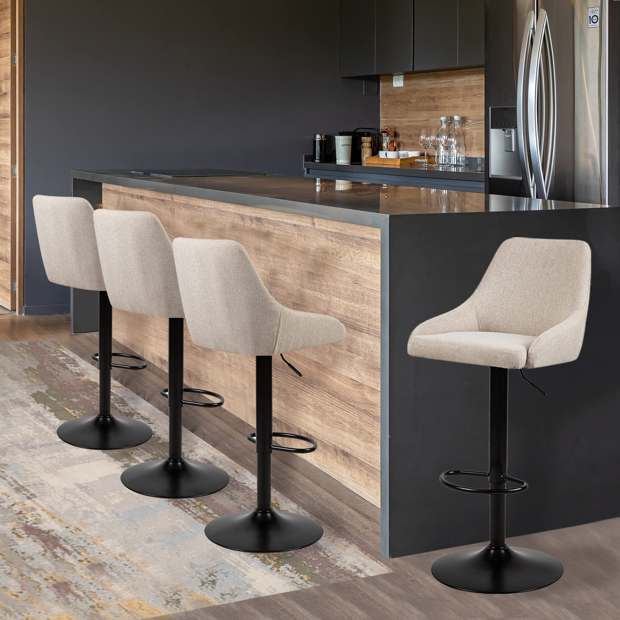 GIA Home Furniture Series Bar Height Adjustable and Swivel Metal Stool with Beige Linen Upholstered Seat, Black, Set of 2