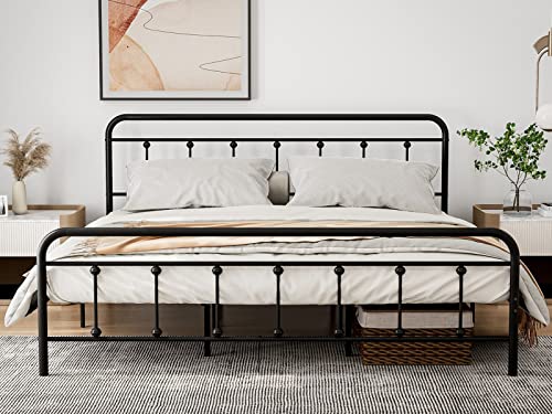 IKIFLY King Size Metal Platform Bed Frame with Headboard & Footboard - Strong Steel Slat Support - Mattress Foundation - Victorian Vintage Style - No Box Spring Needed - Black/King