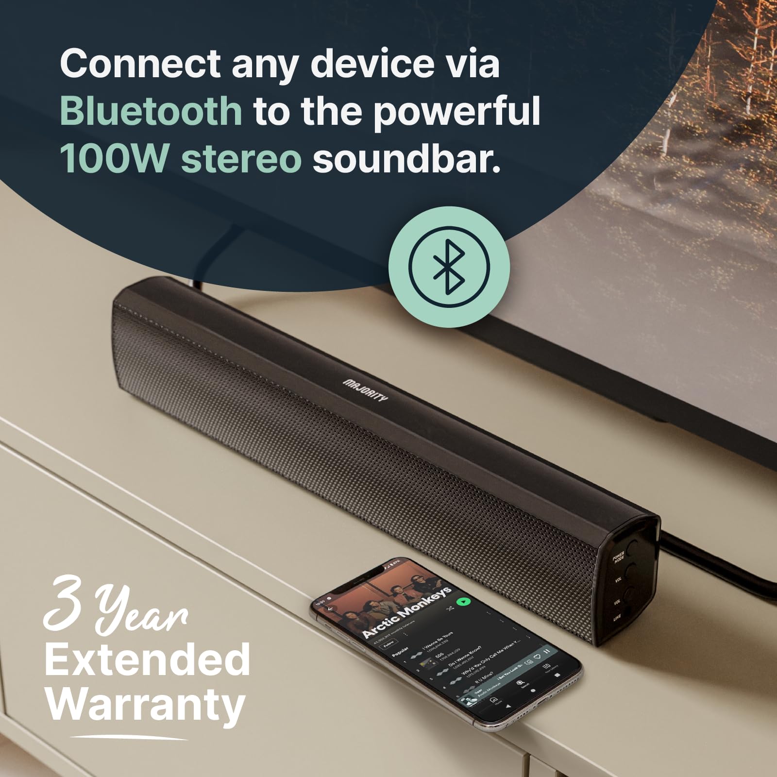 Majority Bluetooth Soundbar with Subwoofer | 100 Watts Sound bar for TV | 2.1 Stereo TV Sound Bar with Optical, RCA, USB, and AUX Playback | TV Speaker Bowfell Plus Sound Bar with Subwoofer