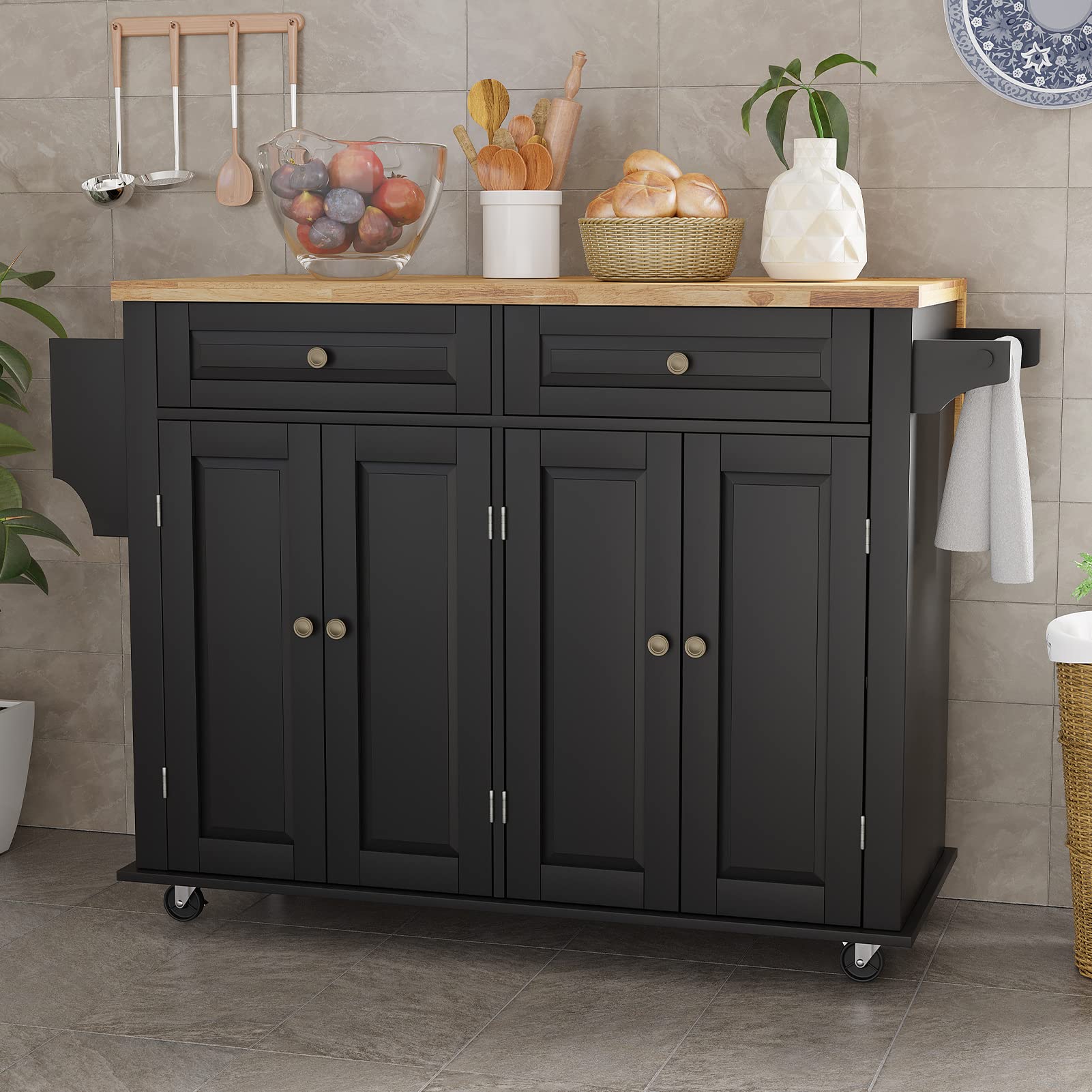 Rolling Kitchen Island with Drop Leaf – Movable Kitchen Carts on Wheels Island with Storage Cabinet, Island Table for Kitchen with Rubber Wood Top and Rack and Drawer, Matte, Black