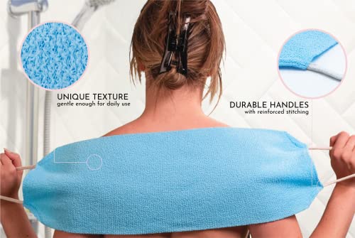 S&T INC. Exfoliating Body Scrubber, Back Exfoliator for Shower, Exfoliating Stretch Cloth with Handles, 8 Inch x 21 Inch, Blue, 1 Pack