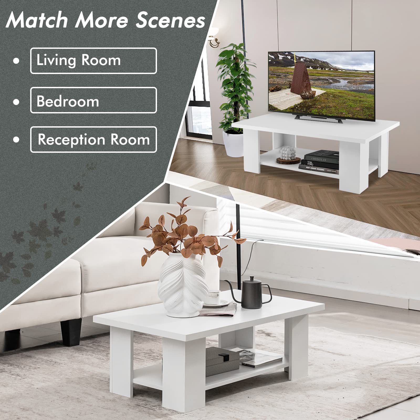 Tangkula 2-Tier Coffee Table, Modern Rectangular Center Cocktail Table with 5 Support Legs, Wooden Accent Living Room Furniture, Small Coffee Table for Small Spaces, Easy Assembly (White)