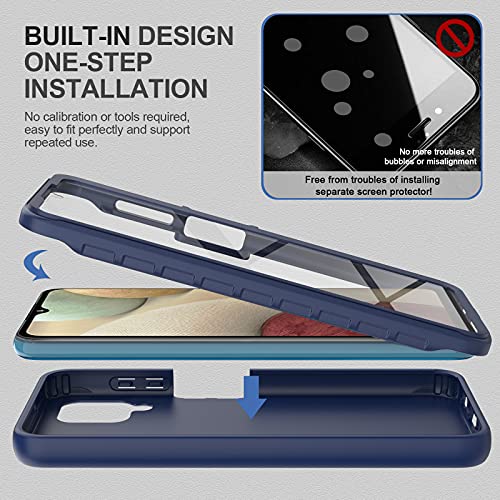 for Samsung Galaxy A12 Case with Built-in Screen Protector, Full Body Protection Shockproof Cover Case, [Rugged PC Front Bumper + Soft TPU Back Cover] Armor Protective Phone (Navy Blue), GTPY-SA12-B