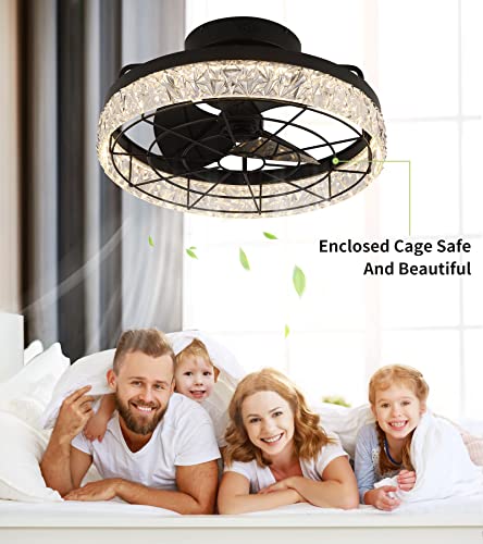 Q&S Modern Ceiling Fan with Lights,Low Profile Enclose Black Cage Semi Flush Mount Crystal Ceiling Fans with Remote 6 Speeds 3 Colors Dimmable LED Light Fixture for Bedroom Living Room Gym 18.9"
