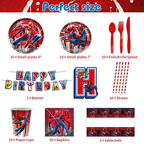 Spider Party Supplies Superhero Birthday Set, Including Plate, Napkin, Cup, Knife Fork, Spoon, Tablecloth、Straws and Pull flags， Spider Birthday Decorations For Boys and Girls