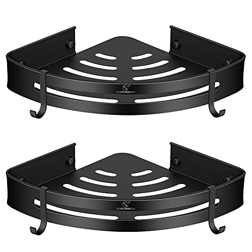 SORGMACH Shower Shelf Corner Adhesive Bathroom Shower Caddy Storage with 4 Removable Hook Holder Sholder Shelf for Wall Toilet Dorm No Drilling Wall Mounted Organizer Basket Kitchen-2 Pack