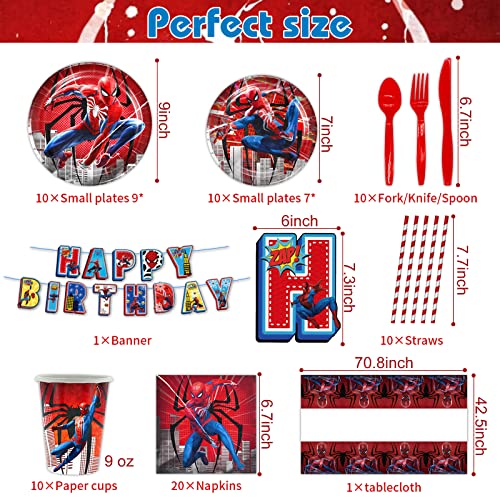 Spider Party Supplies Superhero Birthday Set, Including Plate, Napkin, Cup, Knife Fork, Spoon, Tablecloth、Straws and Pull flags, Spider Birthday Decorations For Boys and Girls
