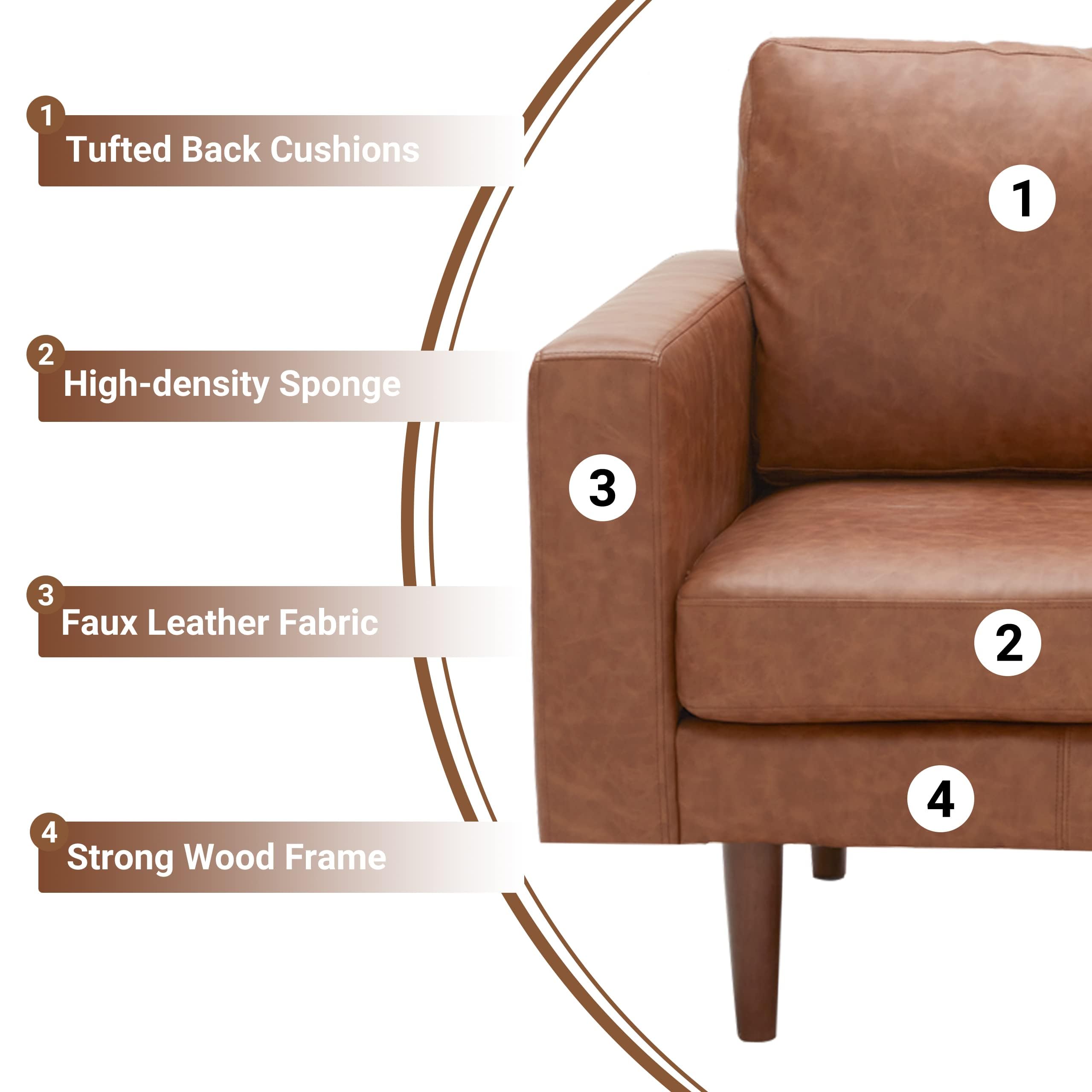 Kingfun 65" Loveseat Sofa, Faux Leather Love Seat Couch, Mid Century Modern Couch with Solid Wooden Frame for Living Room & Bedroom in Small Spaces, Brown