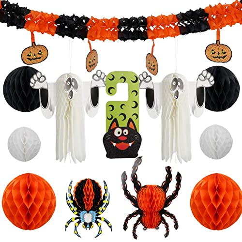 VIEUE Halloween Party Decorations Set Including Honeycomb 3D Wall Spider Ghost and Trick or Treat Door Ornaments for Halloween Decor 12pcs