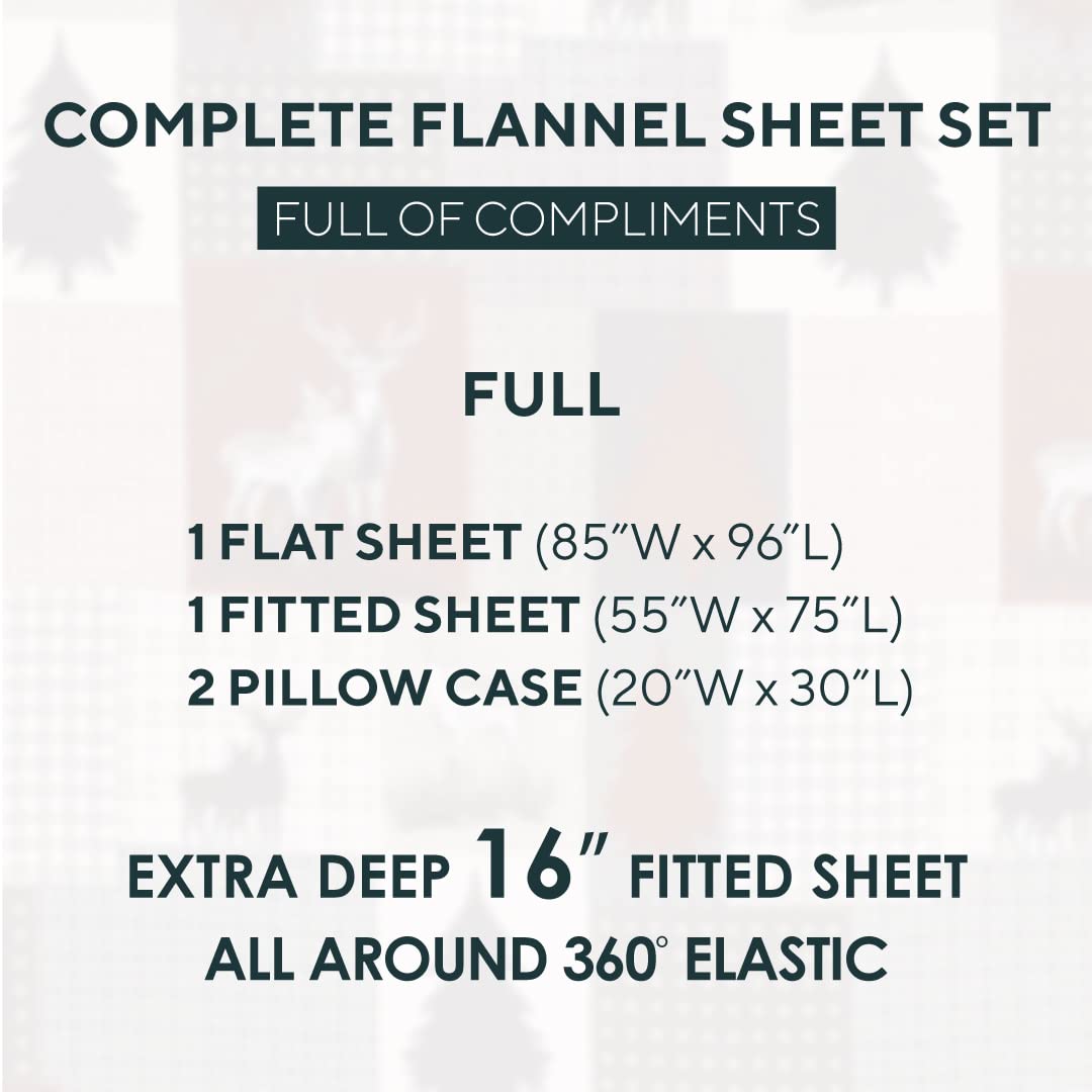 Sleepdown 100% Cotton Flannel Sheets Full - Super Soft, Heavyweight, Double Brushed, Anti-Pill Flannel Bed Sheets Full Size - 16" Deep Pocket Full Size Fitted Sheet X2 Side Pockets (Full, Lodge)