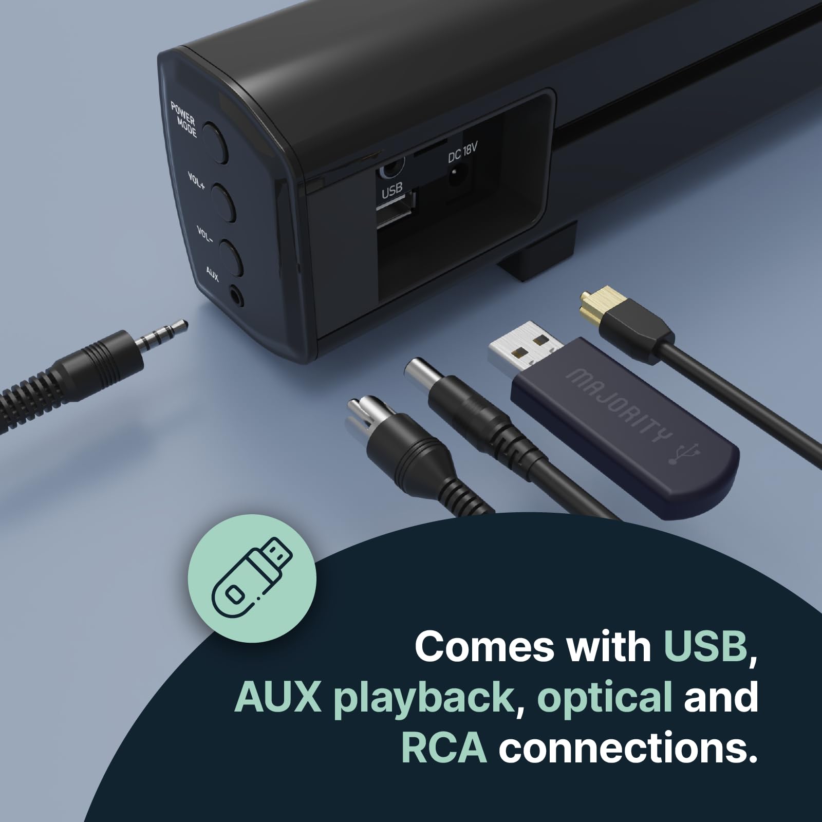 Majority Bluetooth Soundbar with Subwoofer | 100 Watts Sound bar for TV | 2.1 Stereo TV Sound Bar with Optical, RCA, USB, and AUX Playback | TV Speaker Bowfell Plus Sound Bar with Subwoofer