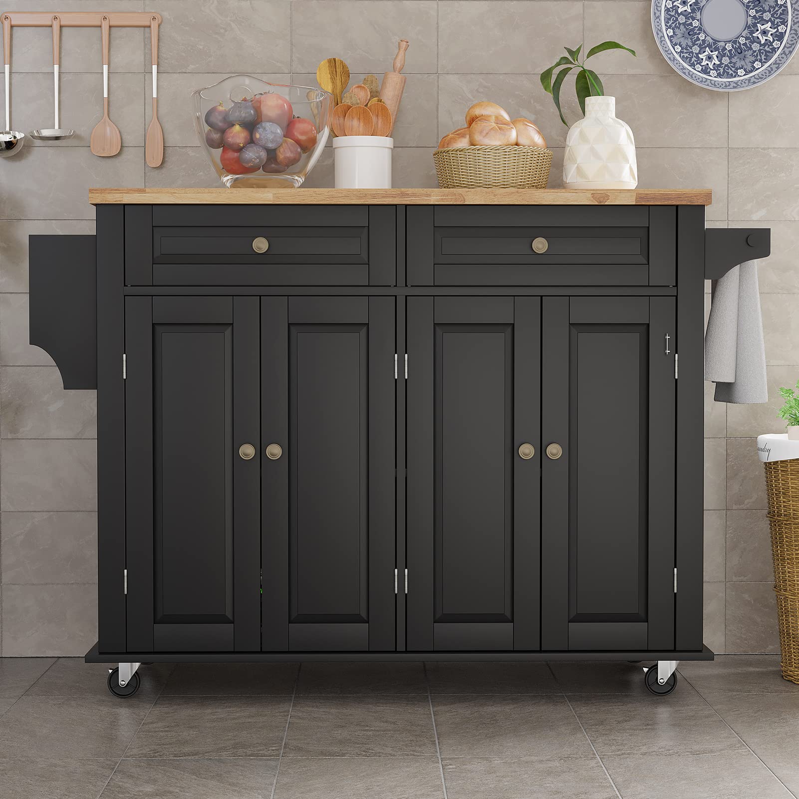 Rolling Kitchen Island with Drop Leaf – Movable Kitchen Carts on Wheels Island with Storage Cabinet, Island Table for Kitchen with Rubber Wood Top and Rack and Drawer, Matte, Black