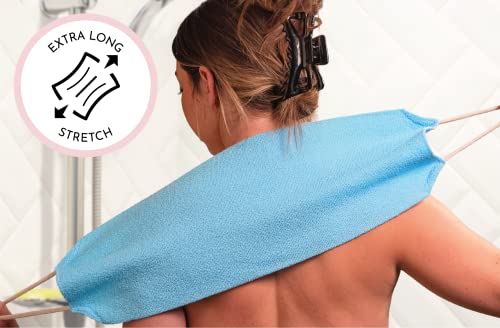 S&T INC. Exfoliating Body Scrubber, Back Exfoliator for Shower, Exfoliating Stretch Cloth with Handles, 8 Inch x 21 Inch, Blue, 1 Pack