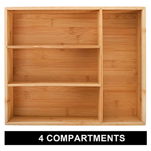 DEAYOU Bamboo Organizer Bin, 100% Bamboo Divided Storage Box, 4-Compartments Cutlery Tray Desktop Holder for Kitchen, Coffee Sugar Tea Bags, Seasoning Spice Packet Pouch, Food, Snack, Shelf, Open Top