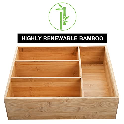 DEAYOU Bamboo Organizer Bin, 100% Bamboo Divided Storage Box, 4-Compartments Cutlery Tray Desktop Holder for Kitchen, Coffee Sugar Tea Bags, Seasoning Spice Packet Pouch, Food, Snack, Shelf, Open Top