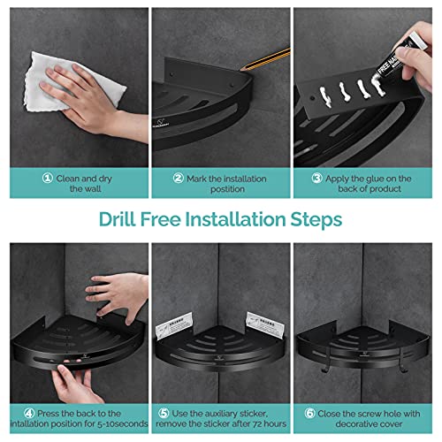 SORGMACH Shower Shelf Corner Adhesive Bathroom Shower Caddy Storage with 4 Removable Hook Holder Sholder Shelf for Wall Toilet Dorm No Drilling Wall Mounted Organizer Basket Kitchen-2 Pack