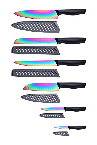 DISHWASHER SAFE Kitchen Knife Set, Marco AlmondÂŽ KYA36 12-Piece Rainbow Titanium Stainless Steel Boxed Knives Set for Kitchen with Sheath, 6 Knives with 6 Blade Guards, Black