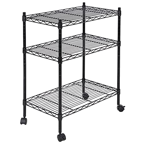 JungleA 3-Shelf Storage Shelving Unit with Universal Wheels,Heavy Duty Adjustable Metal Organizer Wire Rack for Home Kitchen Garage Office, 24 L x 13.9 W x 31.2H Inches
