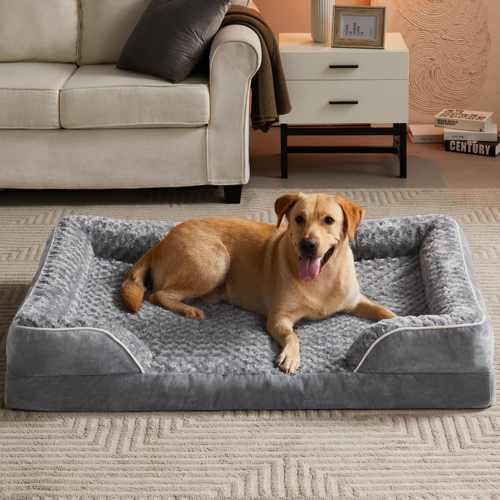 LNSSFFER Orthopedic Large Dog Bed, Faux Fur Material, 36 x 27 x 6.5 Inch, Supports 50 lbs
