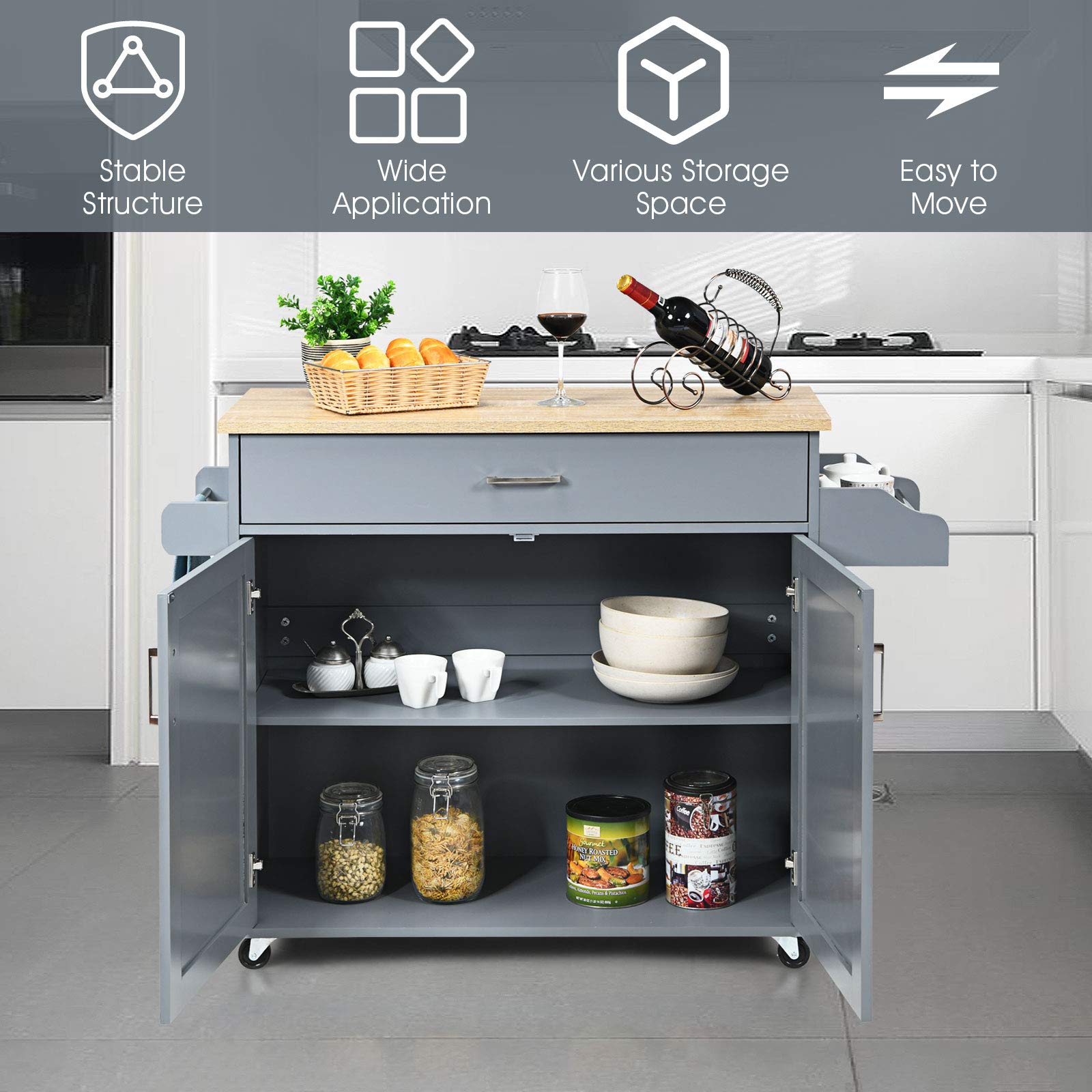 MEDIMALL Rolling Kitchen Island Cart with Storage, Serving Trolley Cart with Towel Rack, 3-Level Adjustable Shelf & Lockable Wheels, Mobile Island Table for Dining Room & Living Room, Gray
