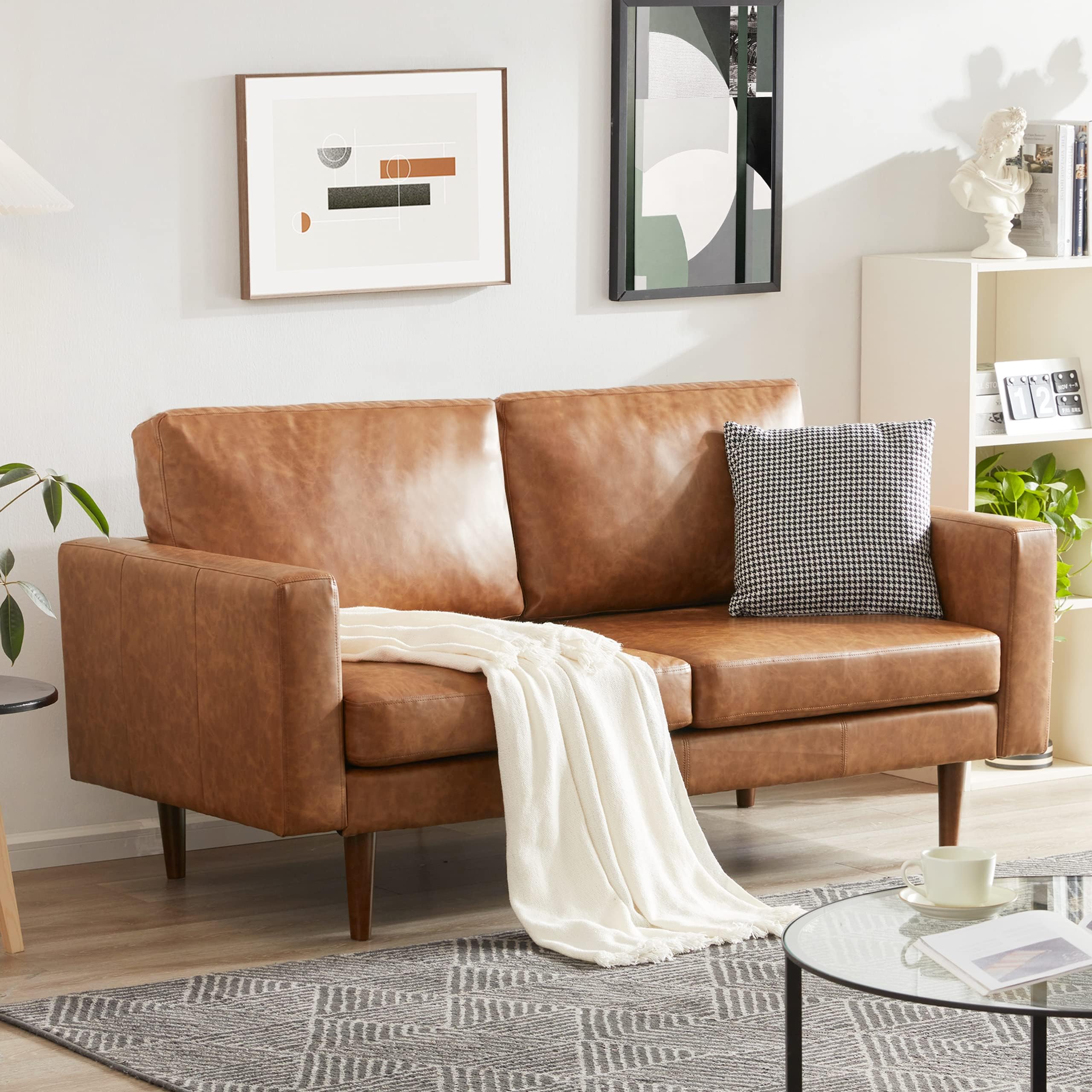 Kingfun 65" Loveseat Sofa, Faux Leather Love Seat Couch, Mid Century Modern Couch with Solid Wooden Frame for Living Room & Bedroom in Small Spaces, Brown