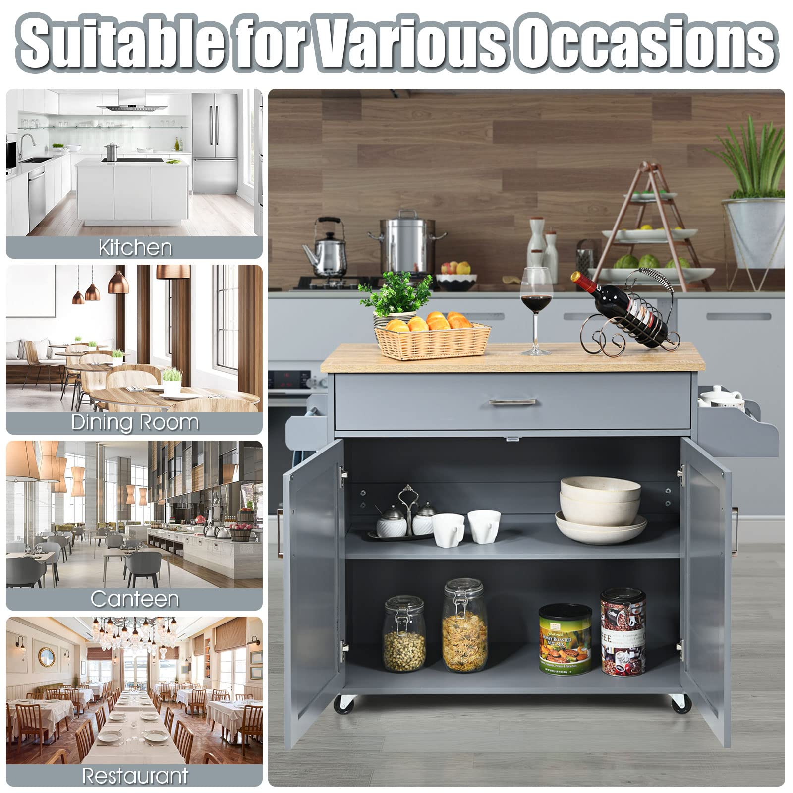 MEDIMALL Rolling Kitchen Island Cart with Storage, Serving Trolley Cart with Towel Rack, 3-Level Adjustable Shelf & Lockable Wheels, Mobile Island Table for Dining Room & Living Room, Gray