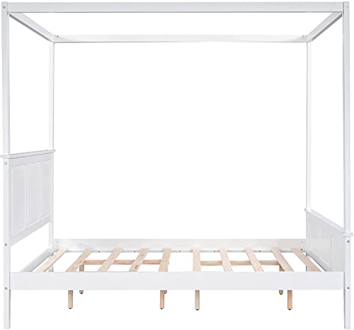 CITYLIGHT Canopy Bed with Headboard & Footboard,Wooden Canopy Bed Frame Queen , Queen Platform Bed Frame with Slat Support Legs for Teens Adults, No Box Spring Needed (Queen ,White)