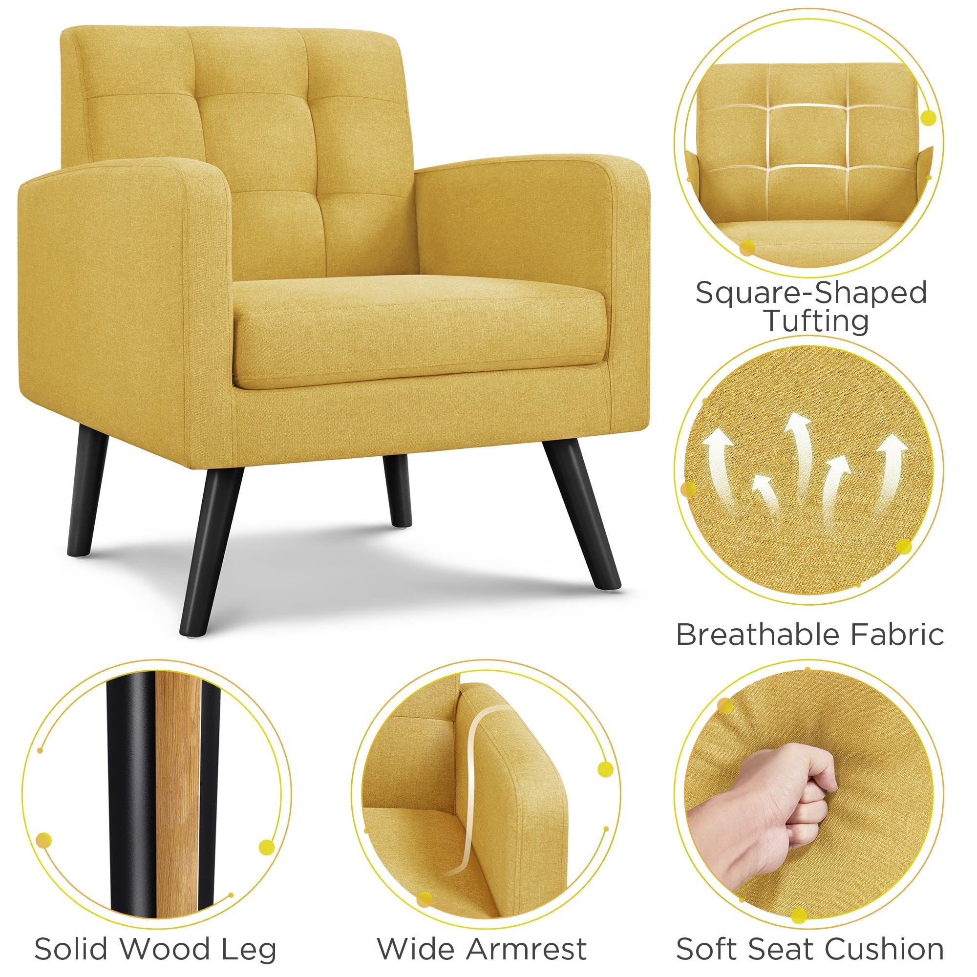 Yaheetech Mid-Century Accent Chairs, Modern Upholstered Living Room Chair, Cozy Armchair Button Tufted Back and Wood Legs for Bedroom/Office/Cafe, Set of 2, Yellow