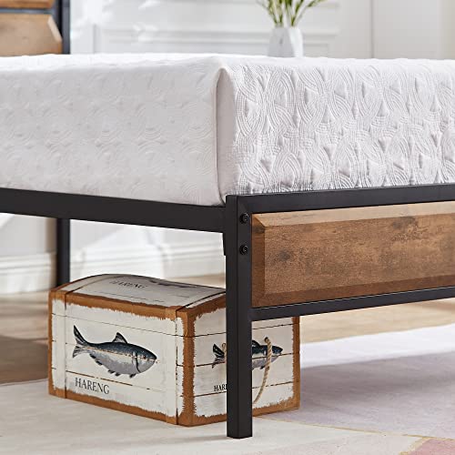 VECELO Twin Size Platform Bed Frame with Wood Headboard/Mattress Foundation/Premium Steel Slats Support/No Box Spring Needed,Brown(Modern)