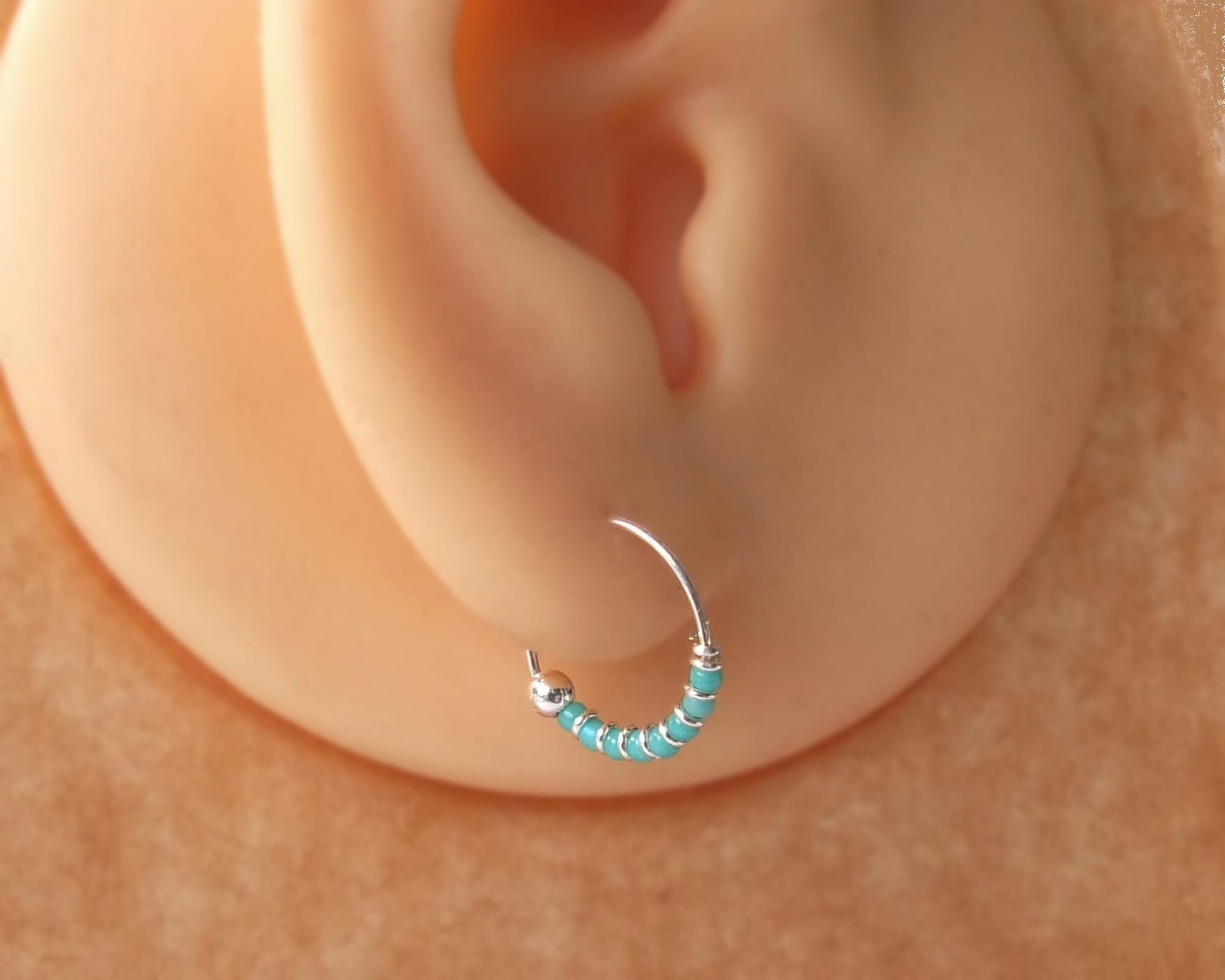 Handmade Silver Pair Small 12MM Beaded Hoop Earrings, 925 Sterling Silver, Thin 22Gauge Turquoise Color Beads Hoops for women, By Miya Jewelry Creations
