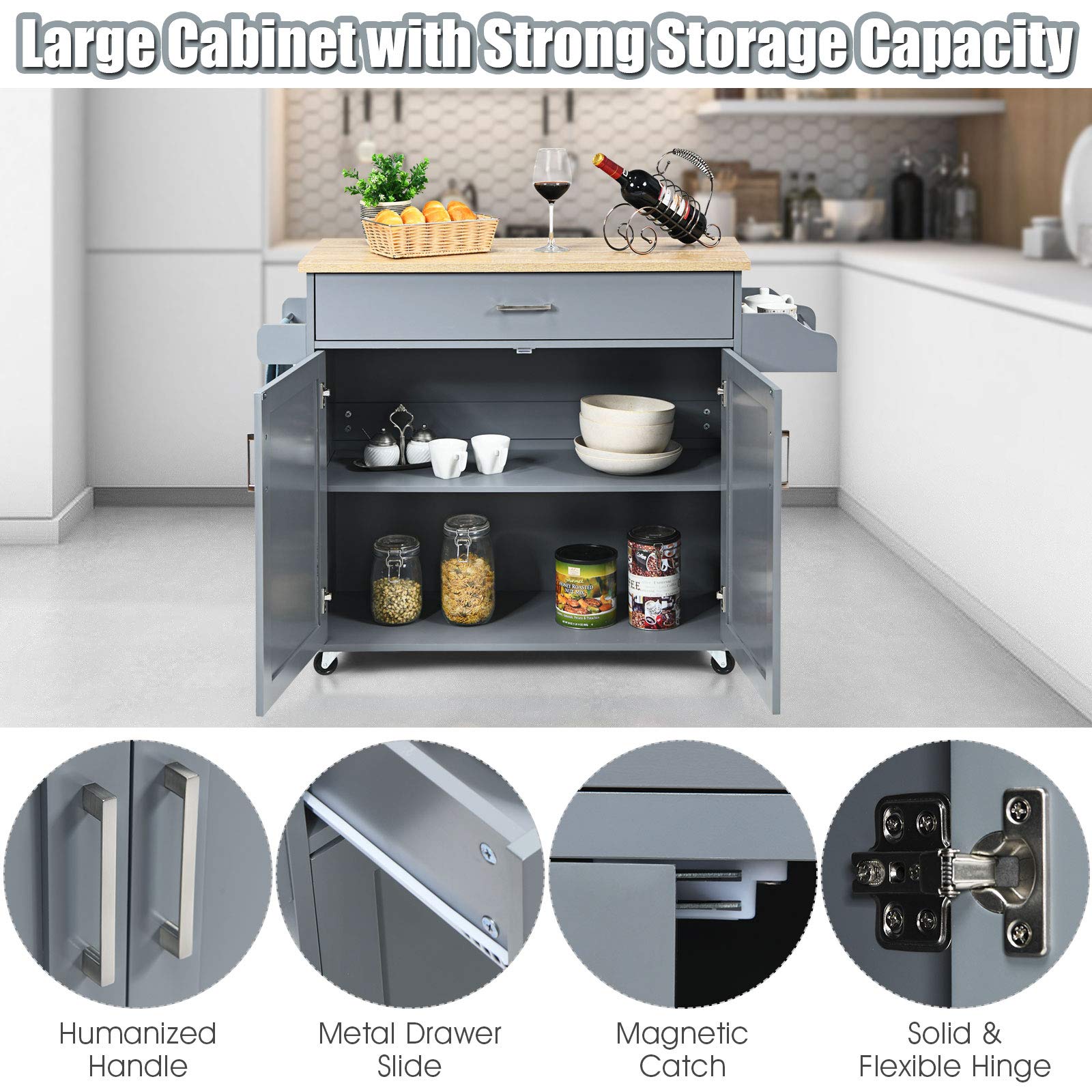 MEDIMALL Rolling Kitchen Island Cart with Storage, Serving Trolley Cart with Towel Rack, 3-Level Adjustable Shelf & Lockable Wheels, Mobile Island Table for Dining Room & Living Room, Gray