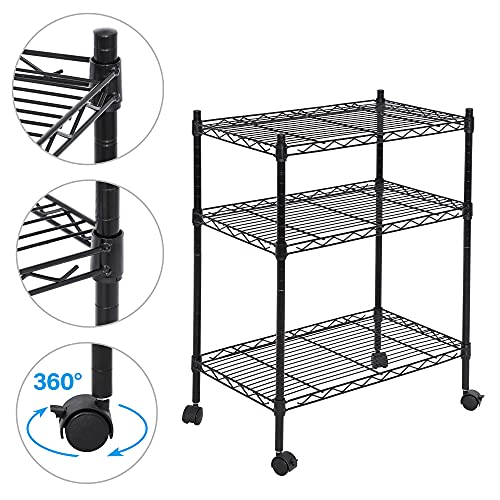 JungleA 3-Shelf Storage Shelving Unit with Universal Wheels,Heavy Duty Adjustable Metal Organizer Wire Rack for Home Kitchen Garage Office, 24 L x 13.9 W x 31.2H Inches
