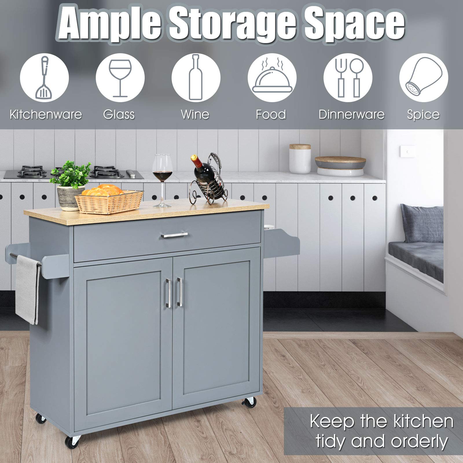 MEDIMALL Rolling Kitchen Island Cart with Storage, Serving Trolley Cart with Towel Rack, 3-Level Adjustable Shelf & Lockable Wheels, Mobile Island Table for Dining Room & Living Room, Gray