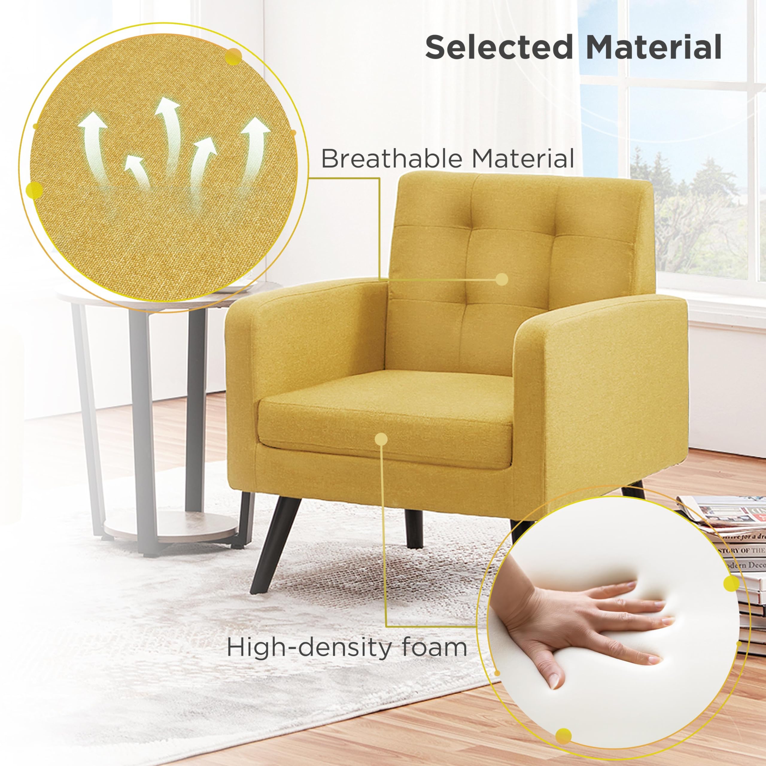Yaheetech Mid-Century Accent Chairs, Modern Upholstered Living Room Chair, Cozy Armchair Button Tufted Back and Wood Legs for Bedroom/Office/Cafe, Set of 2, Yellow