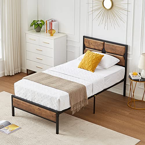 VECELO Twin Size Platform Bed Frame with Wood Headboard/Mattress Foundation/Premium Steel Slats Support/No Box Spring Needed,Brown(Modern)