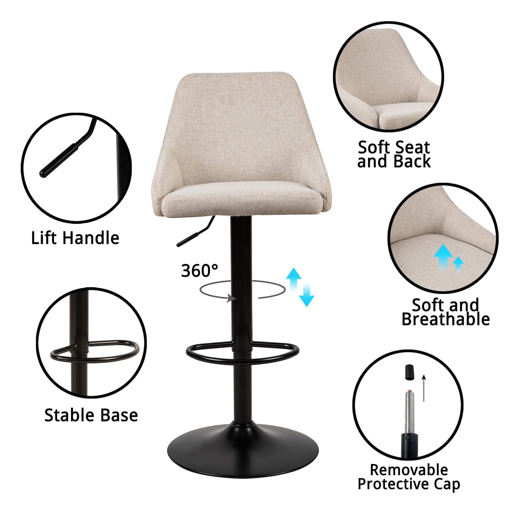 GIA Home Furniture Series Bar Height Adjustable and Swivel Metal Stool with Beige Linen Upholstered Seat, Black, Set of 2