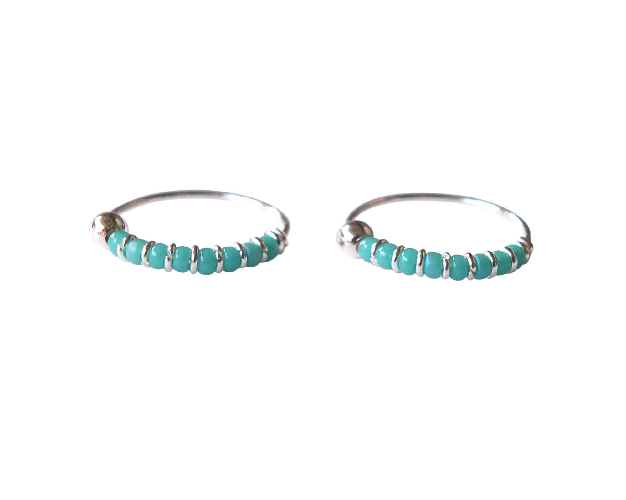 Handmade Silver Pair Small 12MM Beaded Hoop Earrings, 925 Sterling Silver, Thin 22Gauge Turquoise Color Beads Hoops for women, By Miya Jewelry Creations