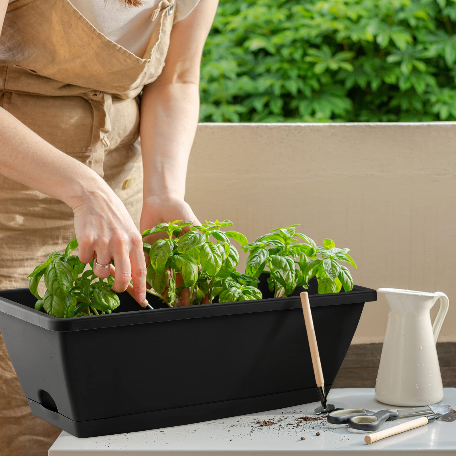 12 Pieces Rectangle Window Box Planter 17 Inch Window Plant Box Herb Planter Plastic Herb Pots for Indoor Plants Large Window Flower Boxes Outdoor with Tray for Garden, Balcony Home Decor (Dark Gray)