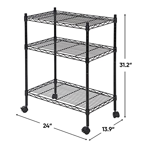 JungleA 3-Shelf Storage Shelving Unit with Universal Wheels,Heavy Duty Adjustable Metal Organizer Wire Rack for Home Kitchen Garage Office, 24 L x 13.9 W x 31.2H Inches