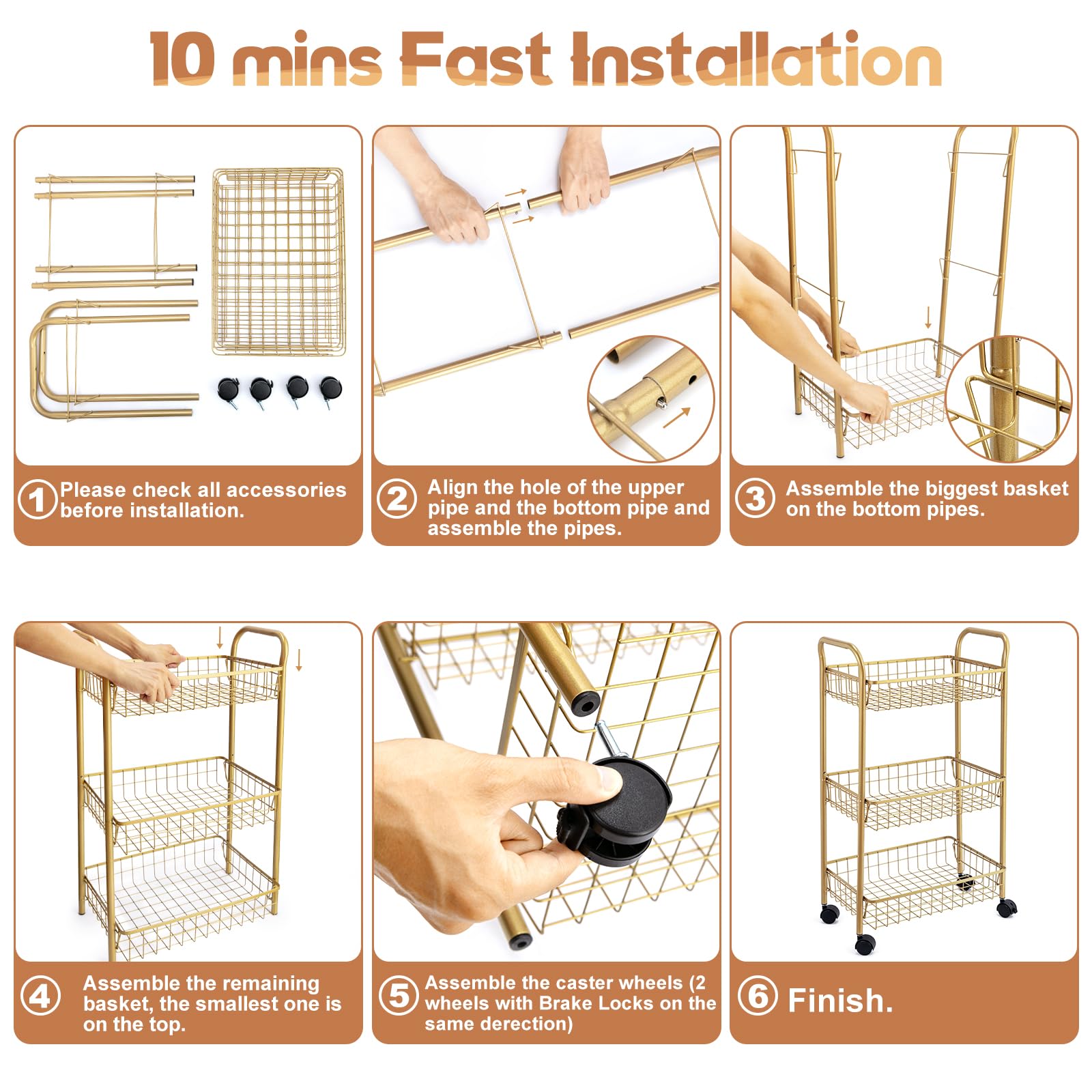 MNOPQ 3 Tier Mesh Rolling Utility Cart, Gold Metal Organization Cart with Lockable Wheels, Multifunctional Storage Trolley Service Cart for Kitchen Living Room Office Salon