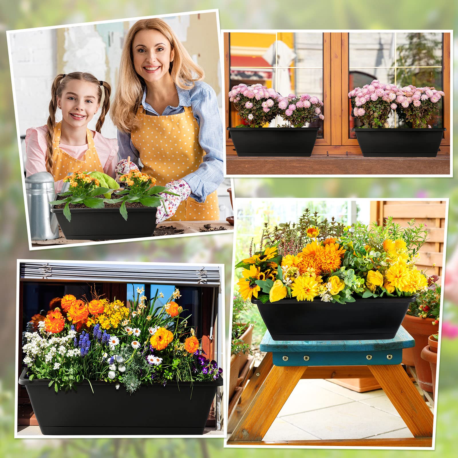12 Pieces Rectangle Window Box Planter 17 Inch Window Plant Box Herb Planter Plastic Herb Pots for Indoor Plants Large Window Flower Boxes Outdoor with Tray for Garden, Balcony Home Decor (Dark Gray)