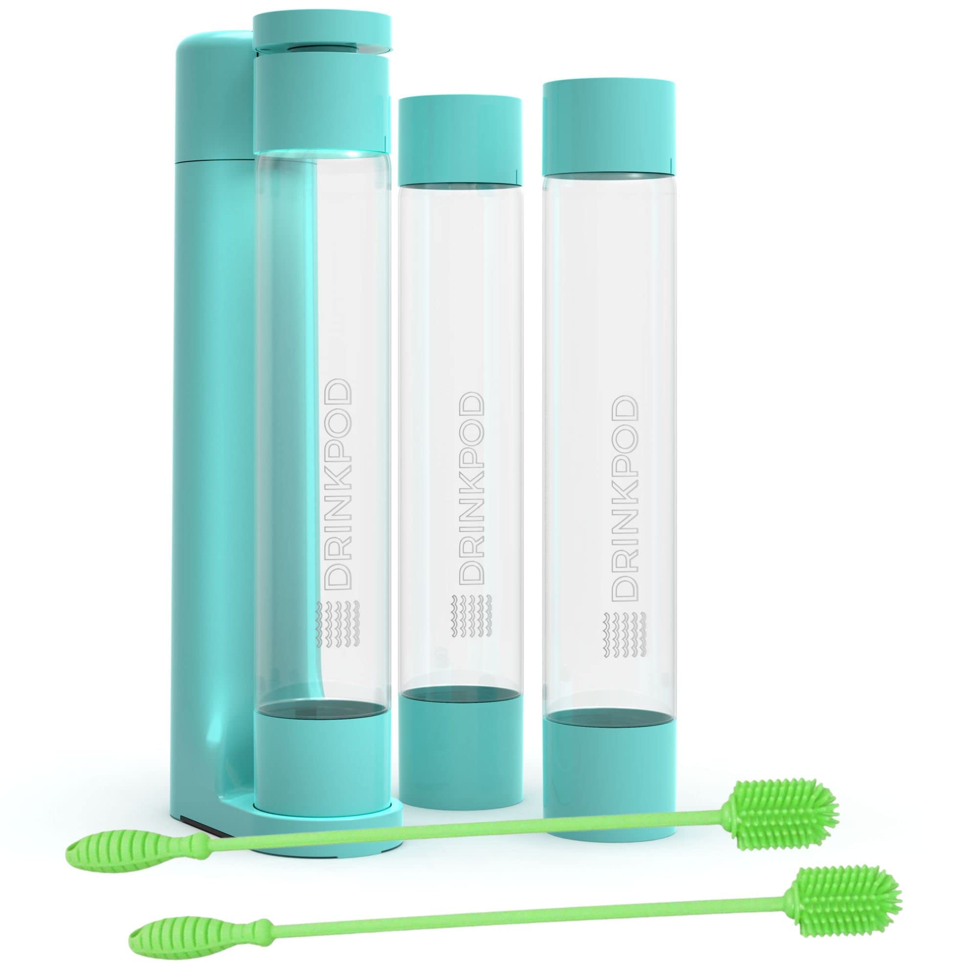 Fizzpod Home Soda Maker Sparkling Water Carbonator With 3 Bottles and 2 Bottle Brushes (Aruba Blue)