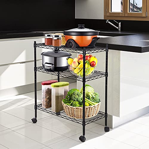 JungleA 3-Shelf Storage Shelving Unit with Universal Wheels,Heavy Duty Adjustable Metal Organizer Wire Rack for Home Kitchen Garage Office, 24 L x 13.9 W x 31.2H Inches