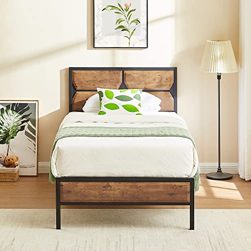 VECELO Twin Size Platform Bed Frame with Wood Headboard/Mattress Foundation/Premium Steel Slats Support/No Box Spring Needed,Brown(Modern)