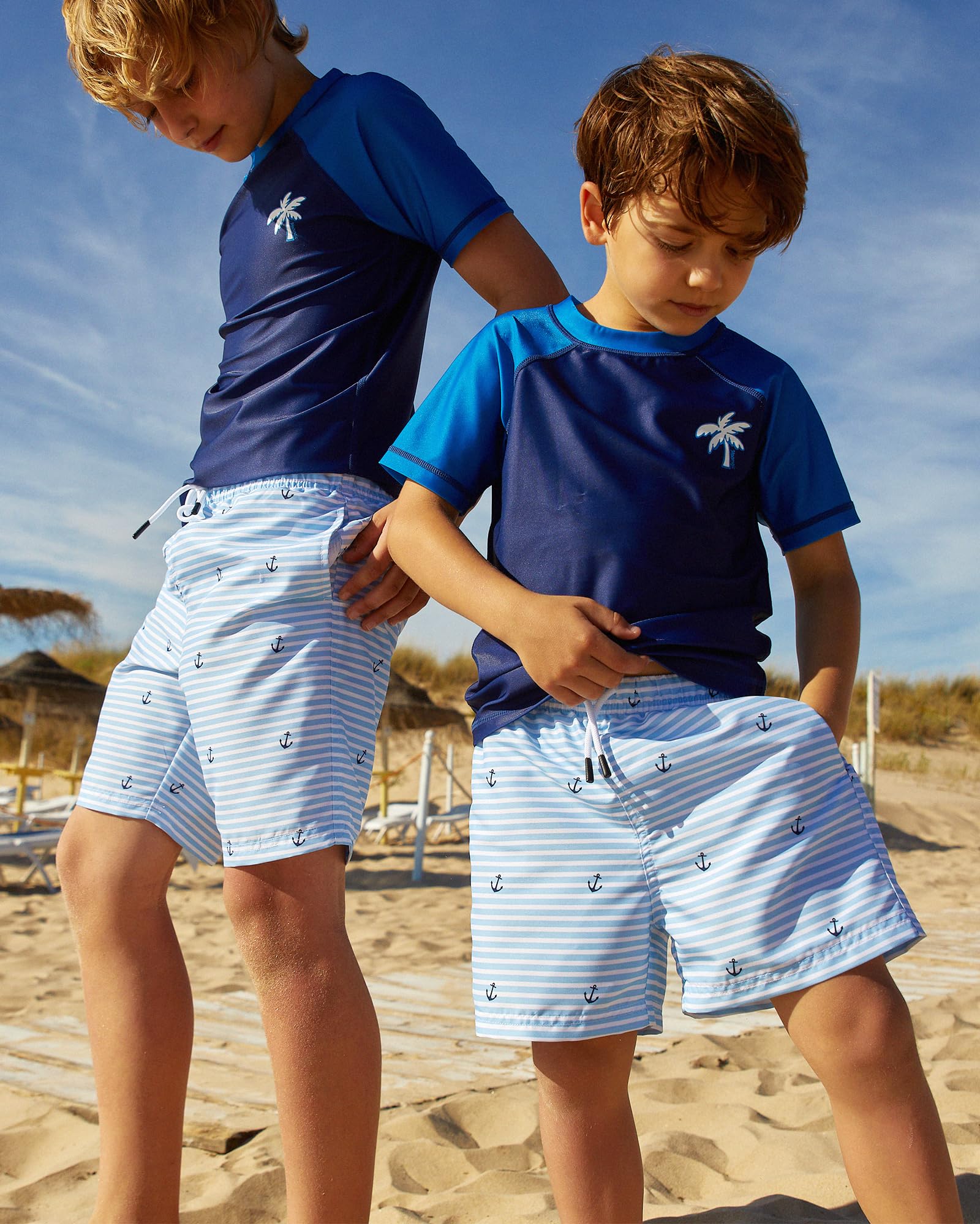 maamgic Boys Swim Trunks with Compression Liner Toddler Stretch Swim Shorts Quick Dry Swimming Trunks Boxer Brief 2 in 1 Beach Shorts White Blue Striped 5/6