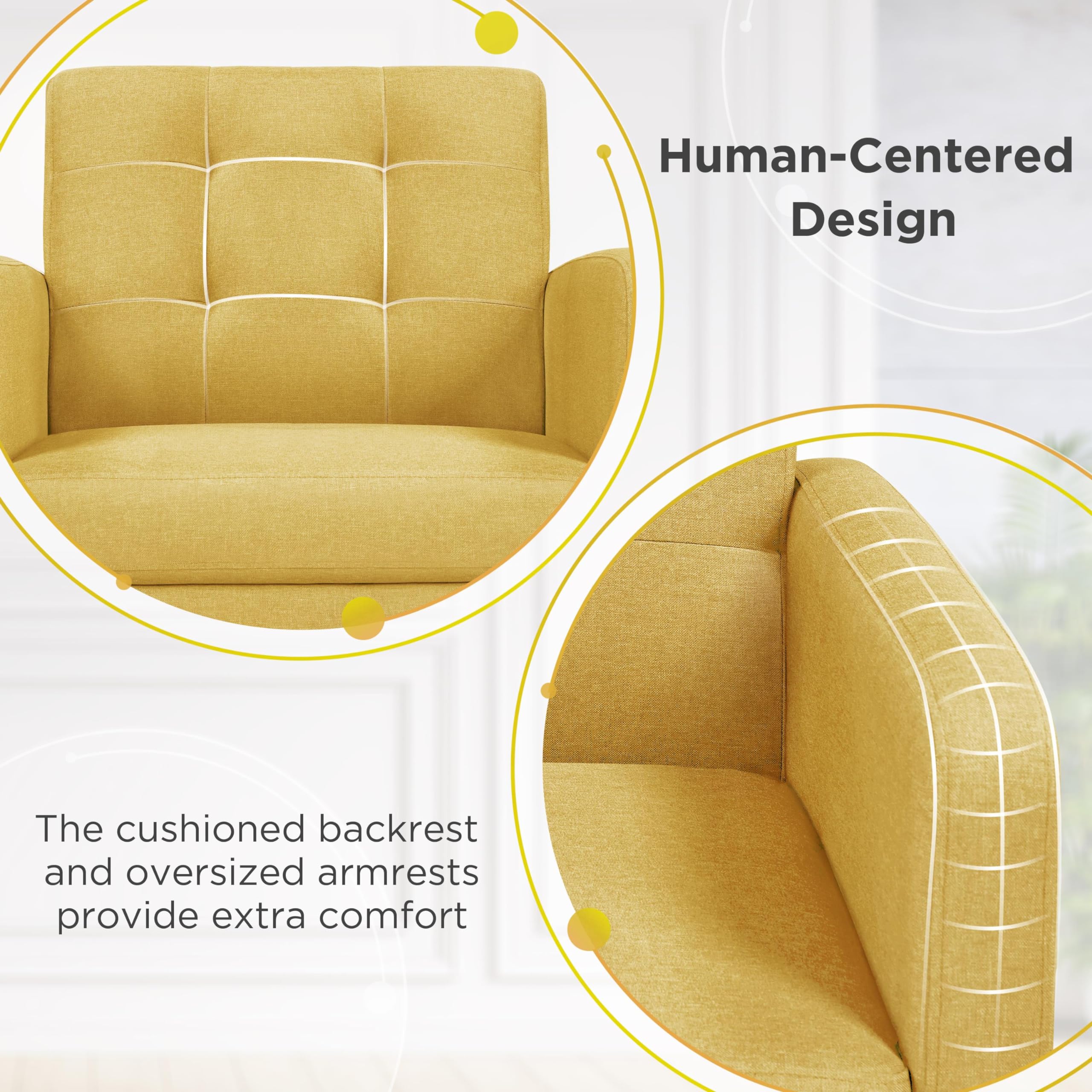 Yaheetech Mid-Century Accent Chairs, Modern Upholstered Living Room Chair, Cozy Armchair Button Tufted Back and Wood Legs for Bedroom/Office/Cafe, Set of 2, Yellow